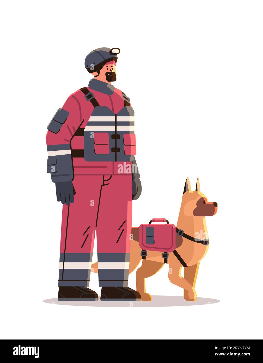 firefighter in uniform fireman with firefighting equipment and dog ...