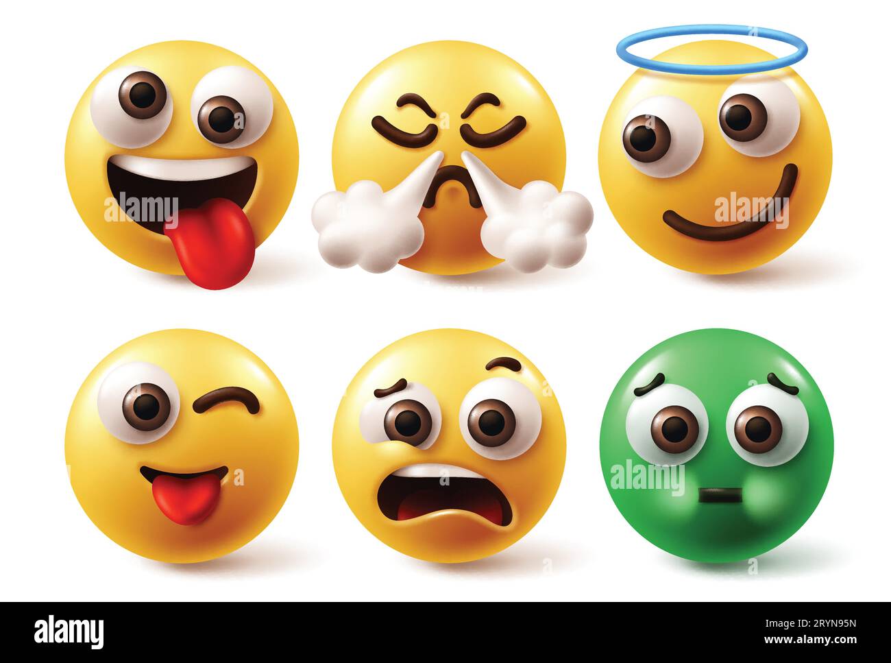 Emoji face characters vector set. Emojis faces yellow emoticon in ...