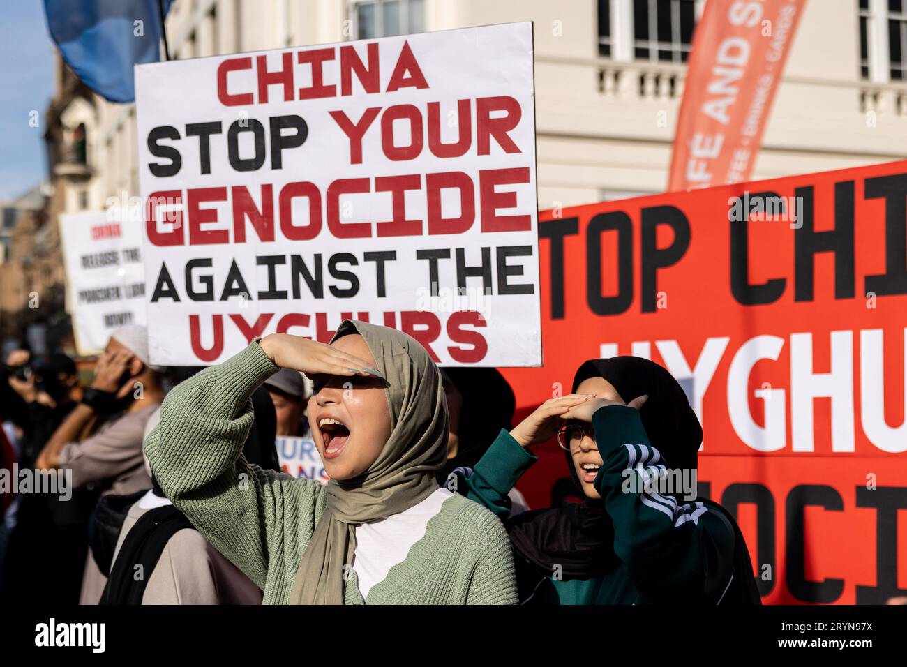 London, UK. 01st Oct, 2023. Young protesters are seen shouting slogans ...