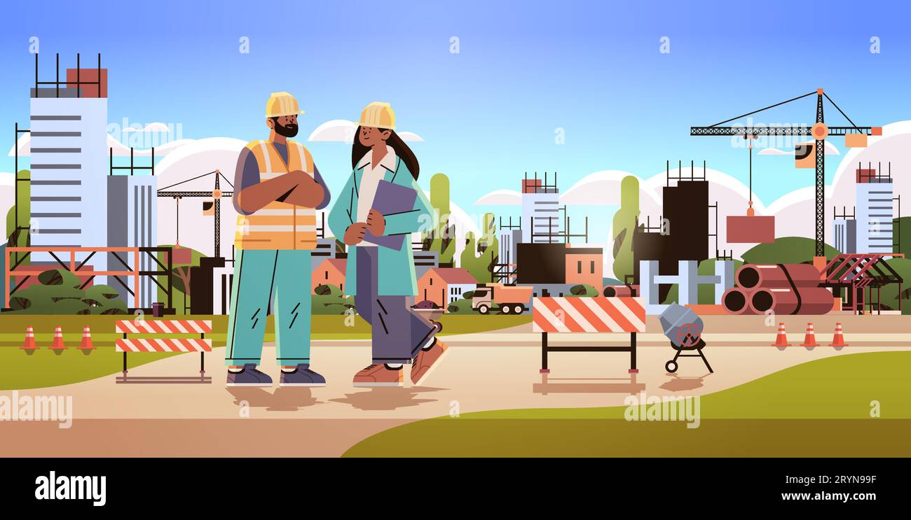 architect and engineer in uniform discussing project during meeting ...