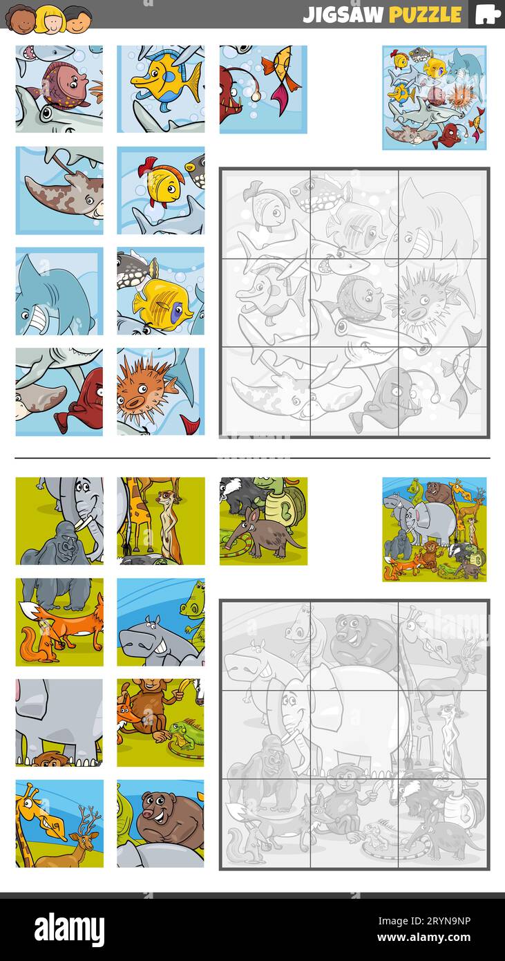 Cartoon illustration of educational jigsaw puzzle activities set with ...
