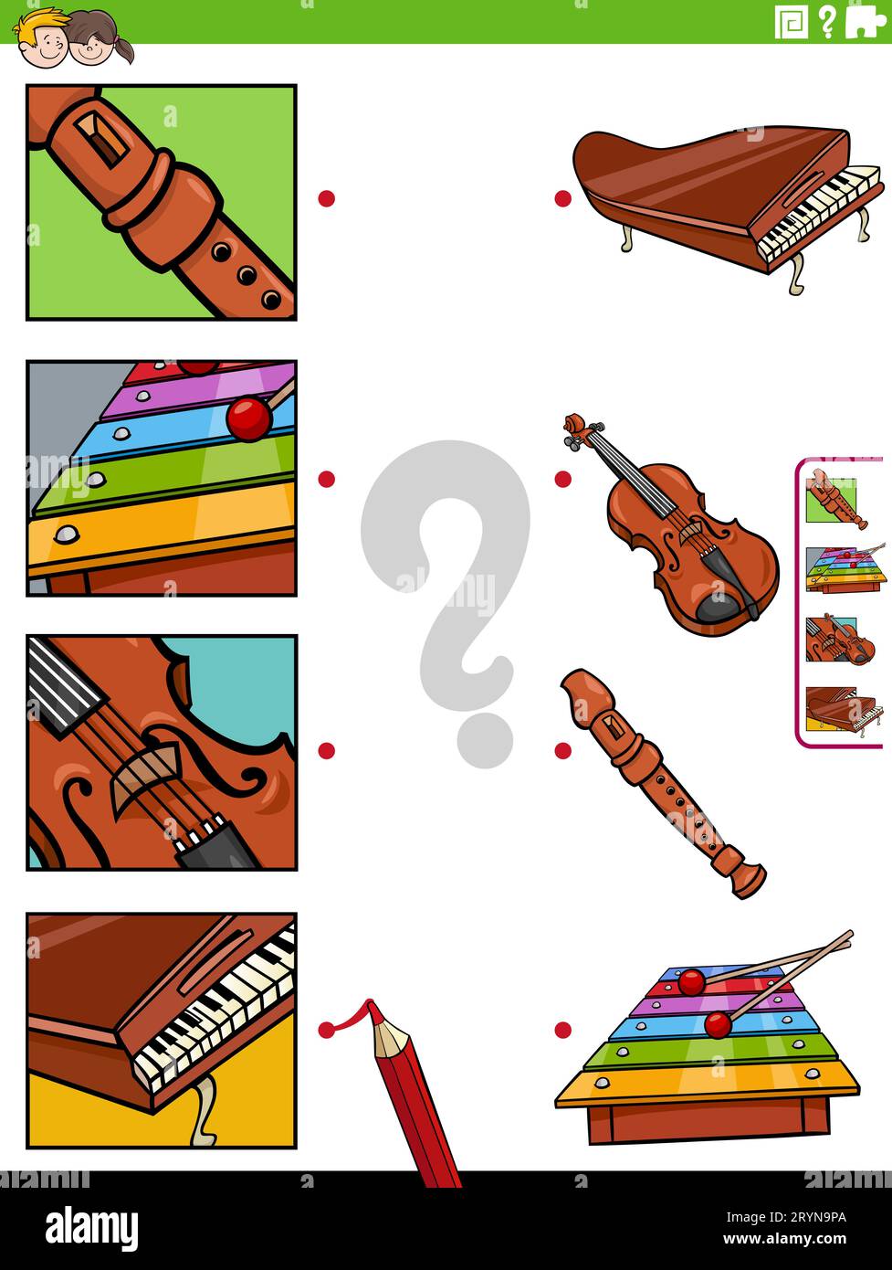 Cartoon illustration of educational matching activity with musical ...