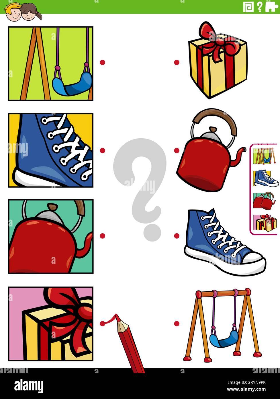 Cartoon illustration of educational matching game with objects and ...