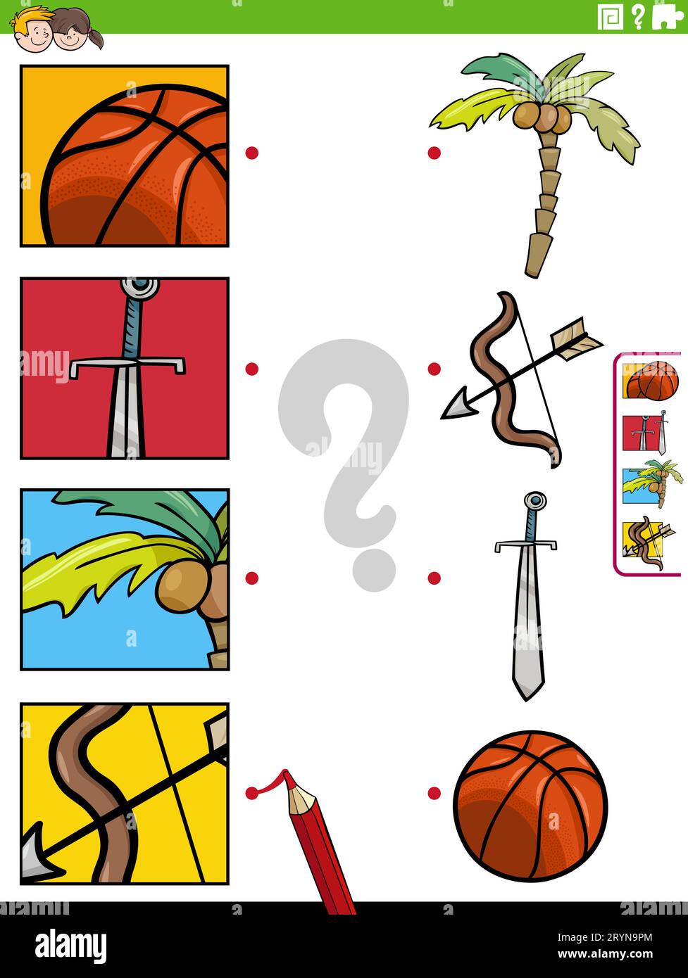 Cartoon illustration of educational matching activity with objects and ...