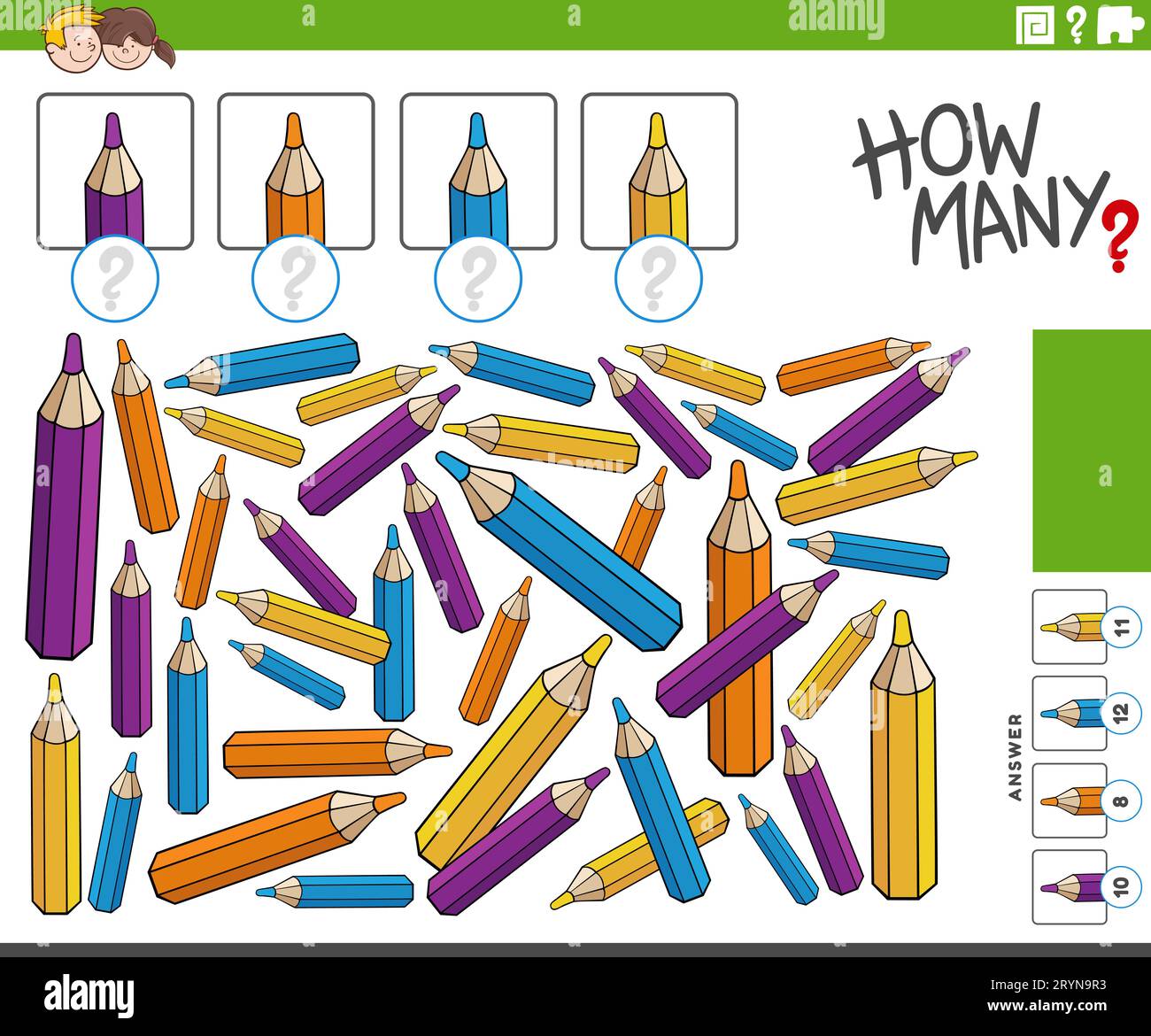 Cartoon illustration of educational counting activity with pencil ...