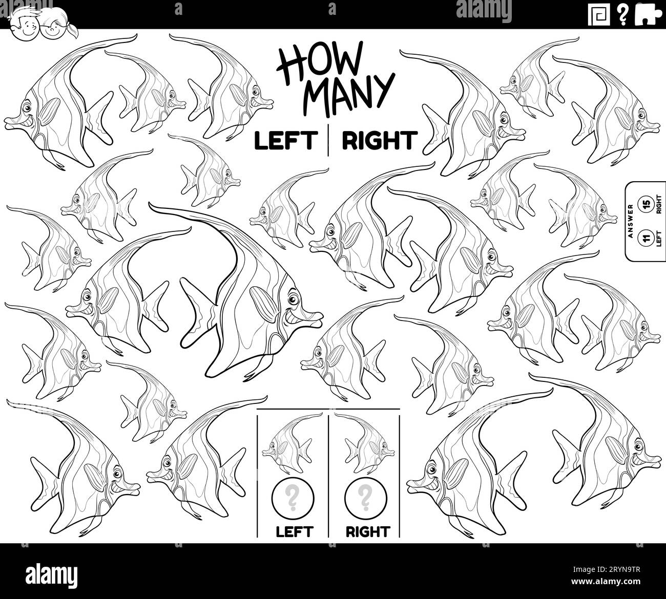 Black and white cartoon illustration of educational game of counting ...