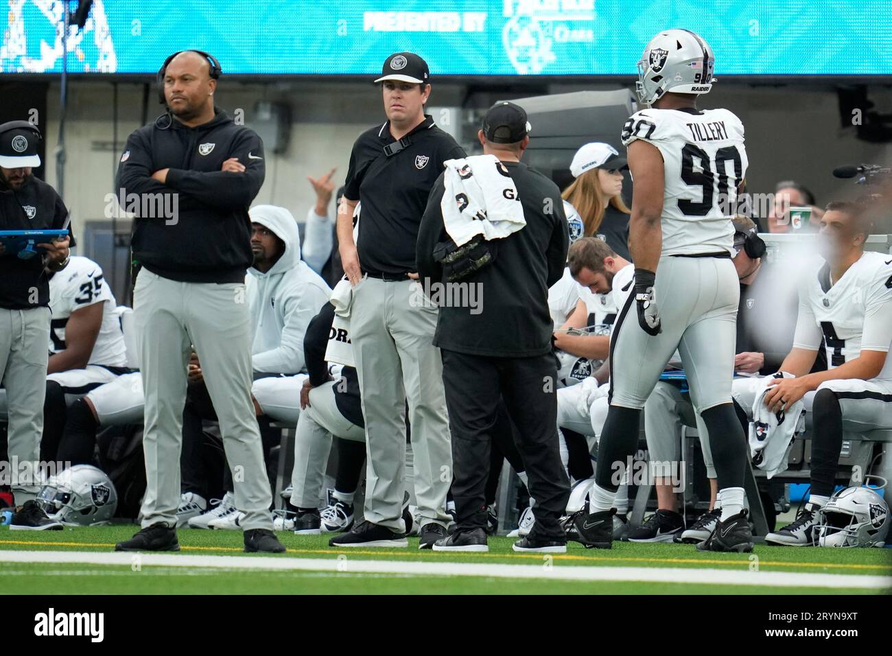 Las Vegas Raiders defensive tackle Jerry Tillery (90) leaves the field ...