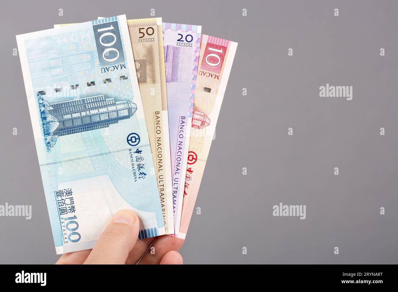 Macanese money in the hand on a gray background Stock Photo - Alamy