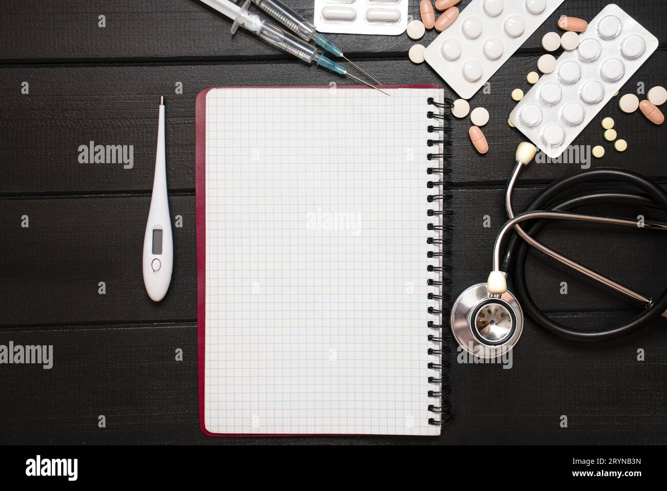 Medical Tools, Medical recipe . Syringe and Colorful Drugs and Capsules ...