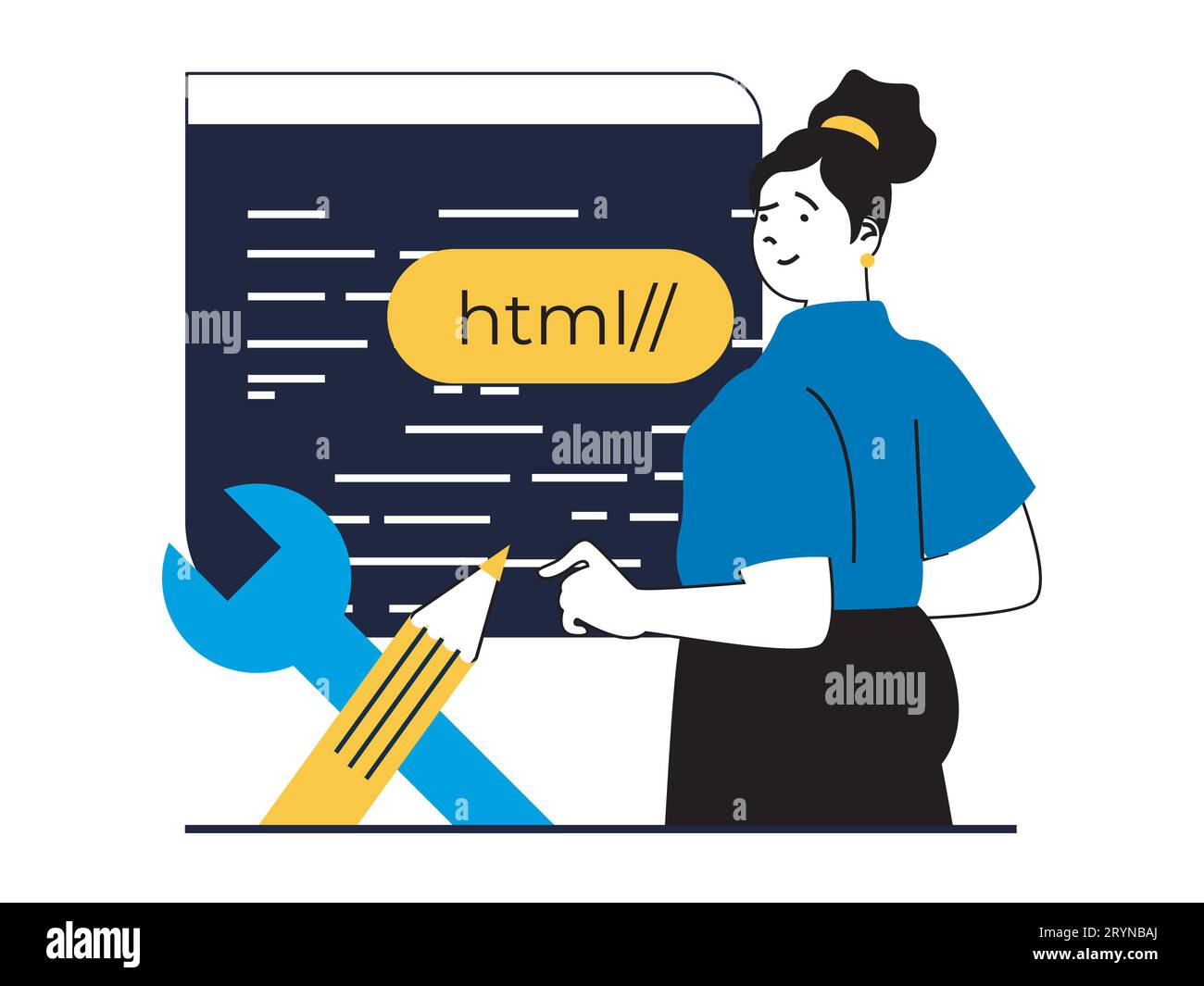 Web development concept with character situation. Woman creates layout ...