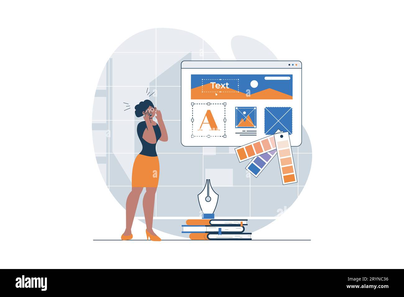 Web design concept with character scene. Woman creating page layouts ...