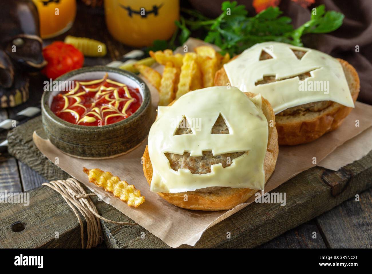 Halloween party food. Halloween party fun ghost burger, ketup sauce and ...