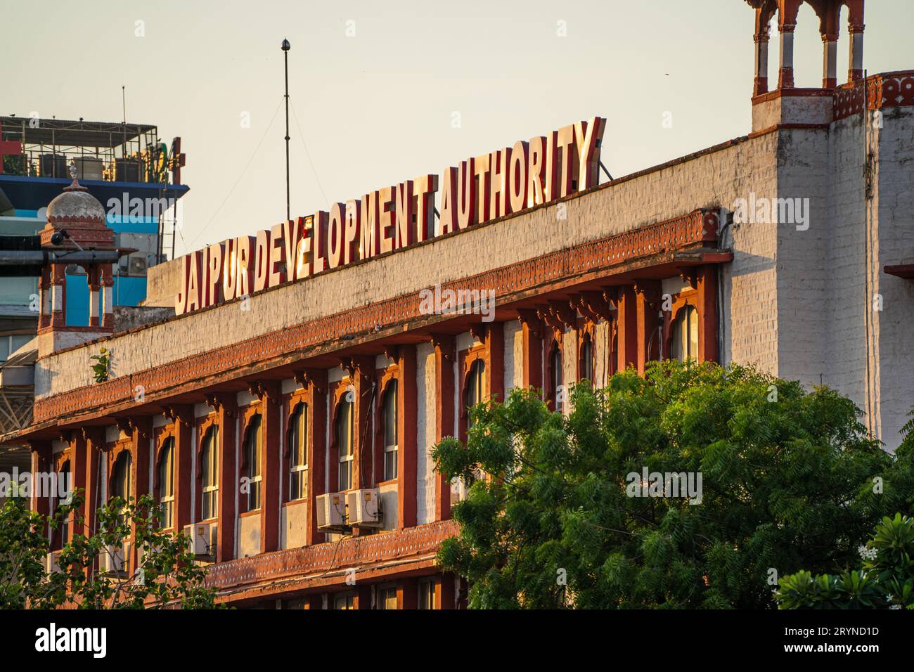 Dusk shot of Jaipur Development Authority building in pink sandstone ...
