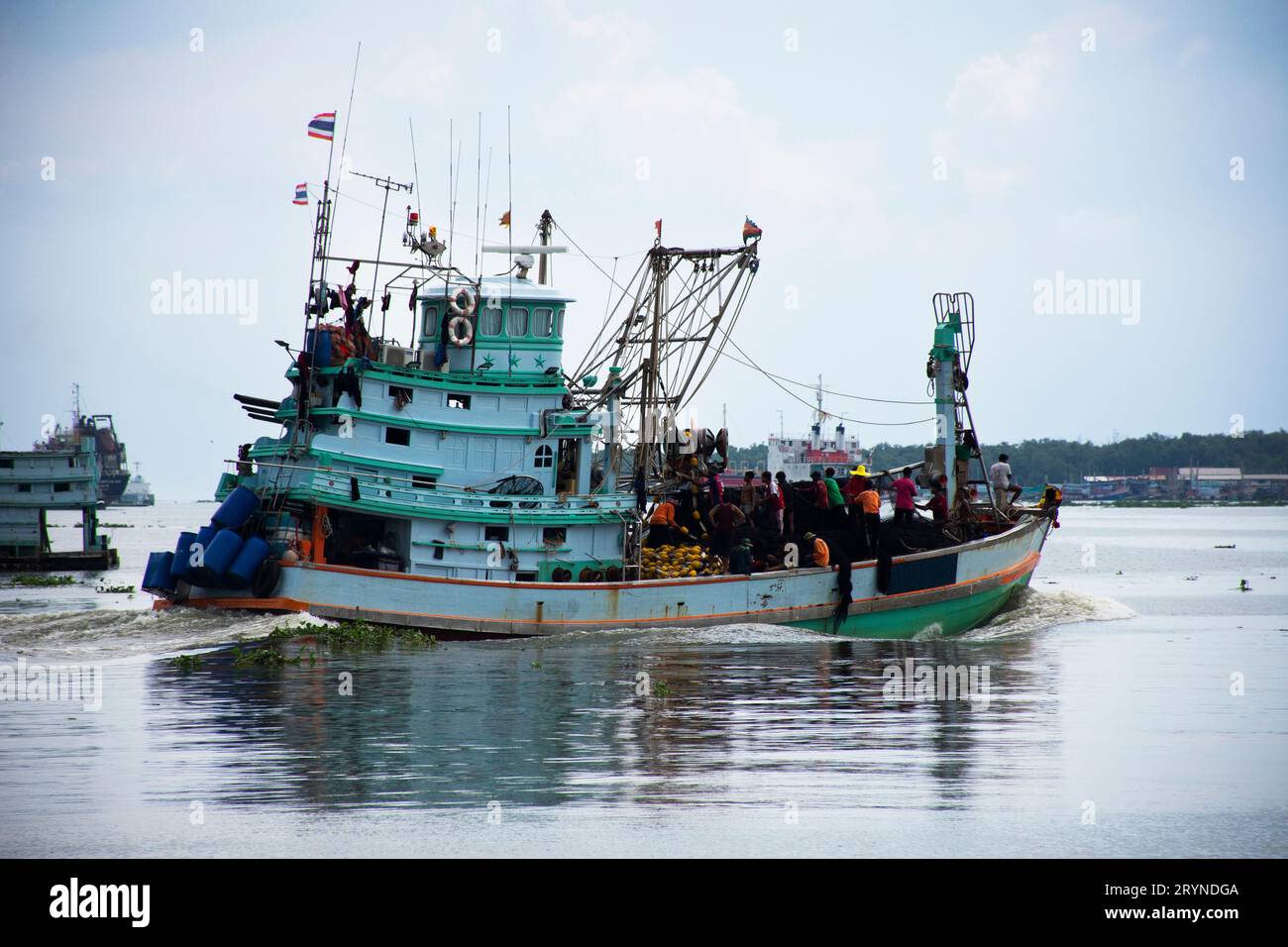 Thai fisher worker people sailing fishery fishing boat ship go to sea ...