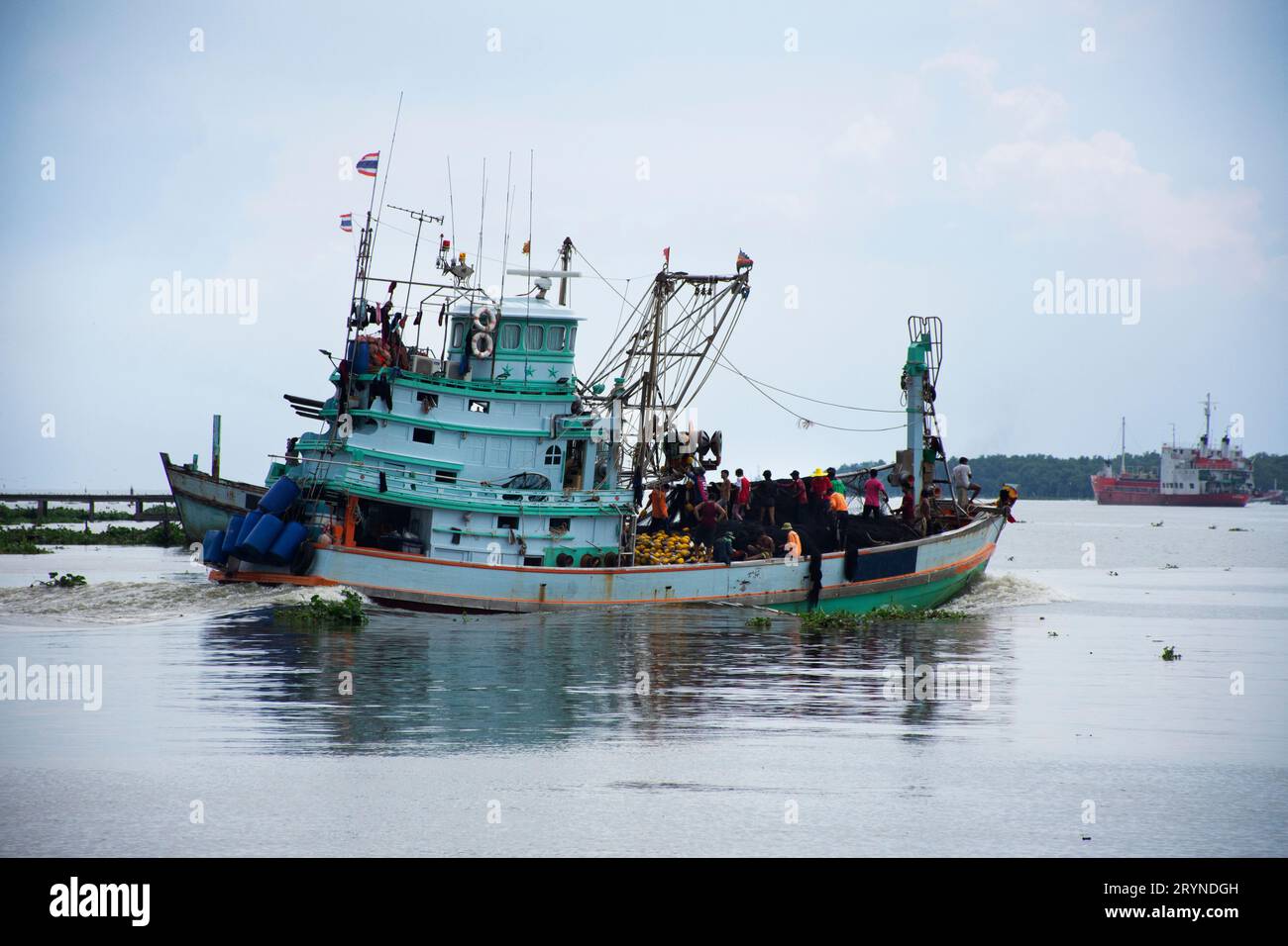Thai fisher worker people sailing fishery fishing boat ship go to sea ...