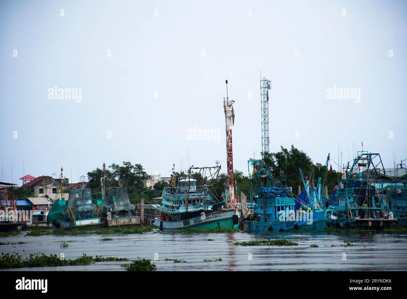 Fishery boat ship floating in water waiting catch fish marine life in ...
