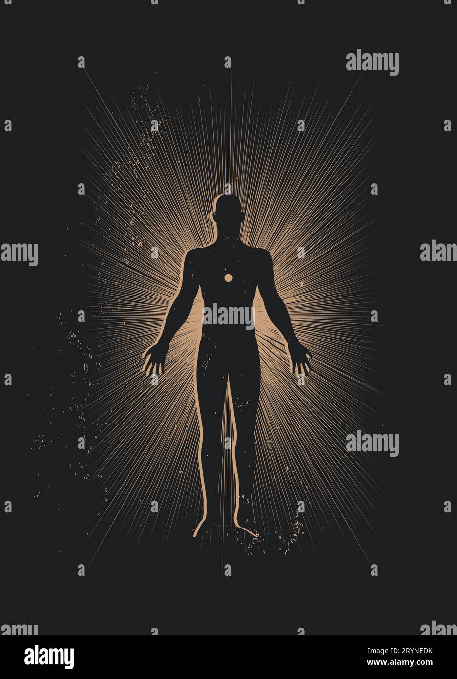 Spiritual human body silhouette surrounded sun rays on black background ...