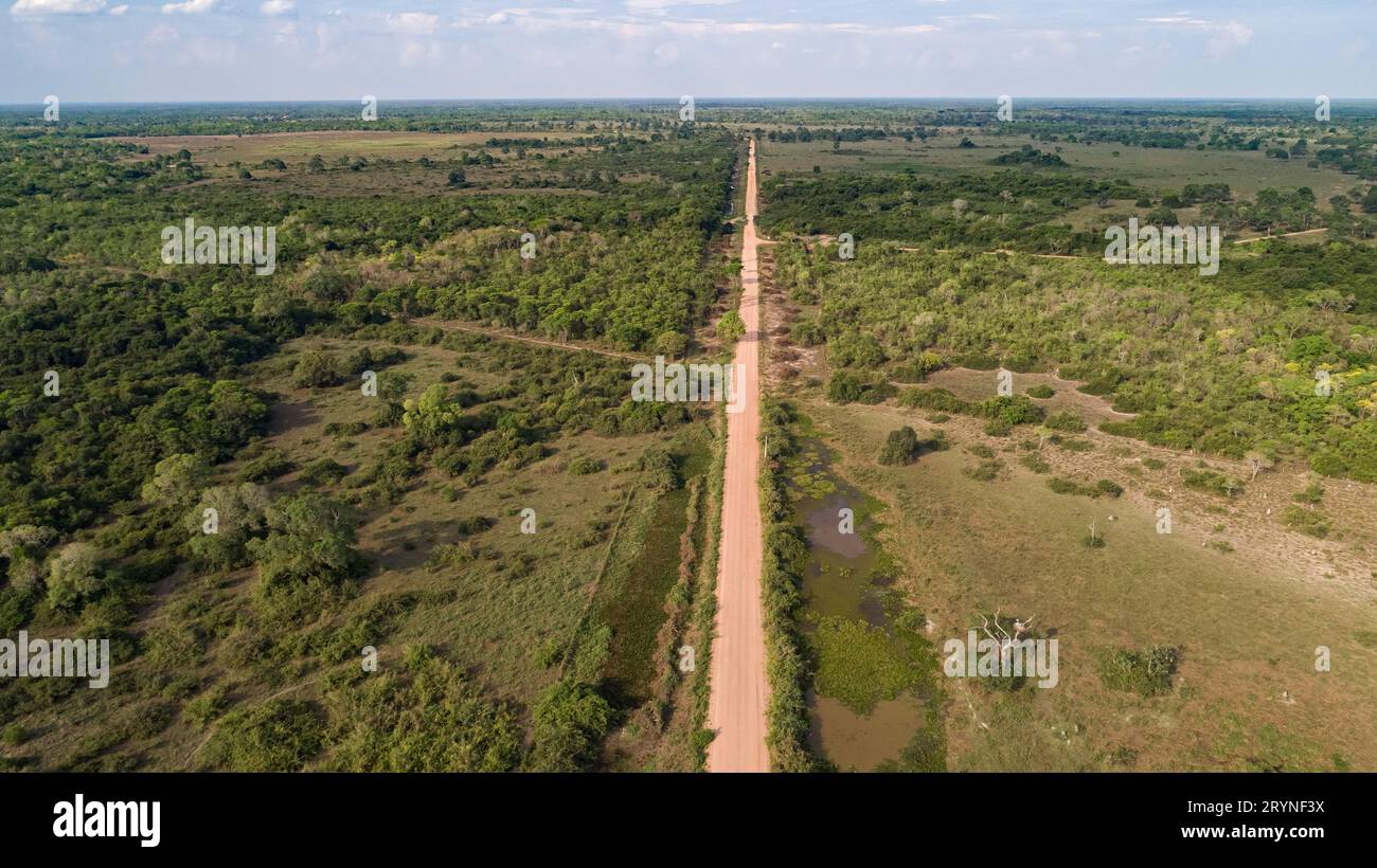 Aerial view of Transpantaneira dirt road crossing straight the North ...