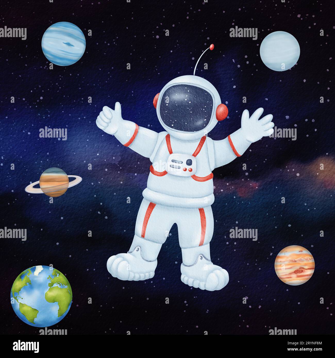 astronaut in open space. Children character soaring past planets in the ...