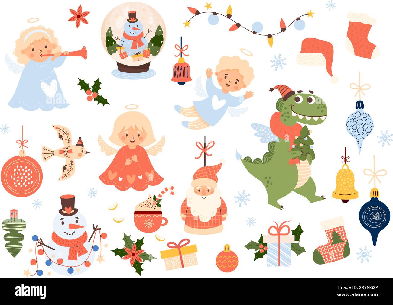 Christmas set. New Year cartoon characters Santa Claus, dragon with ...