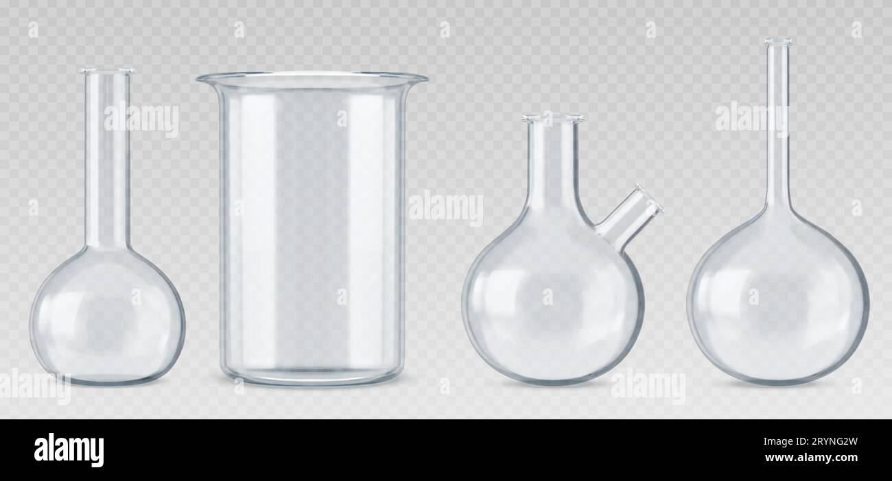 Chemistry measuring glass beakers. Realistic vector illustration set of round and conical empty ...