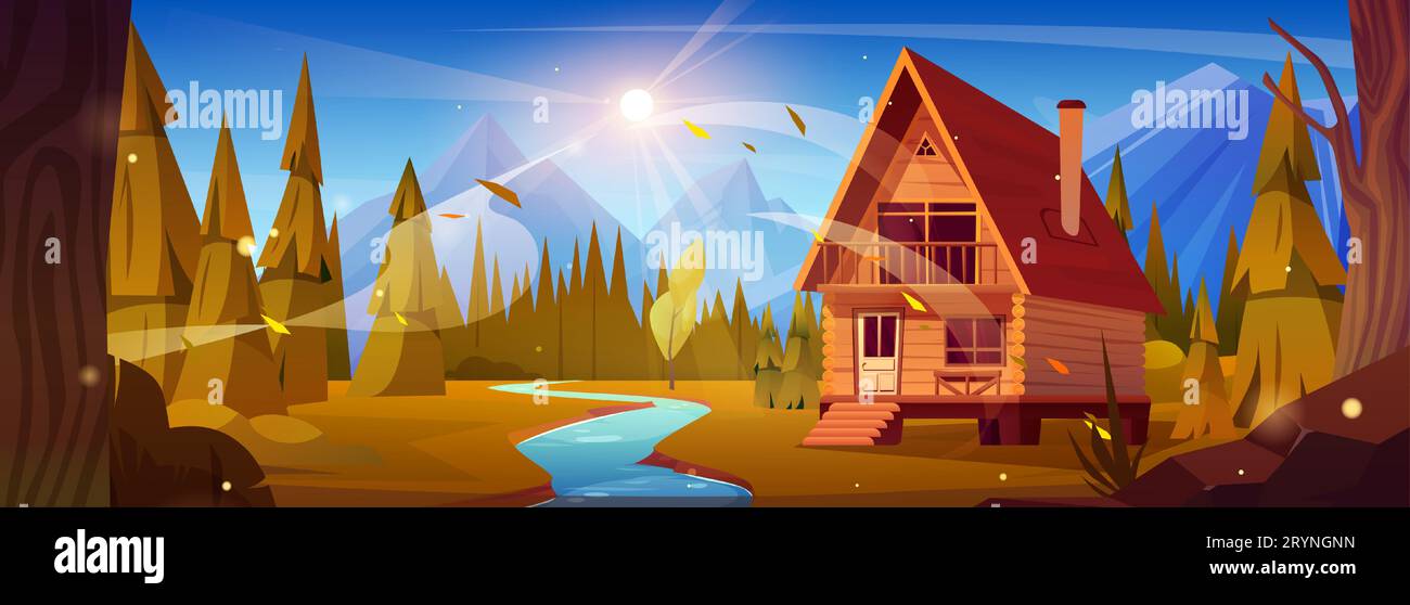 Wooden rustic house in forest near small river and high rocky mountains ...