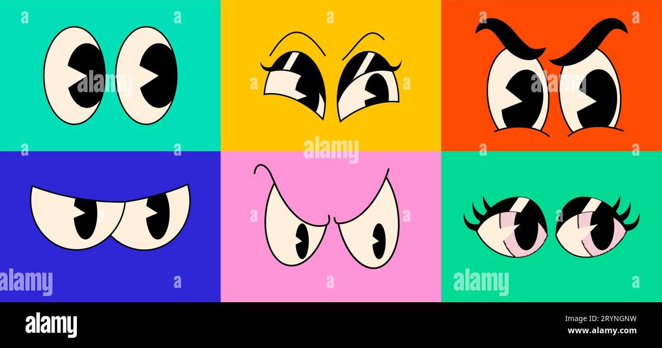 Cartoon vintage character comic eyes emotions set isolated on bright ...