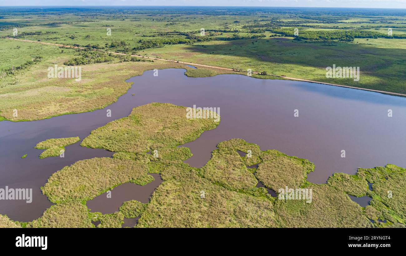 Aerial view of typical Pantanal landscape with lagoons, rivers, meadows ...