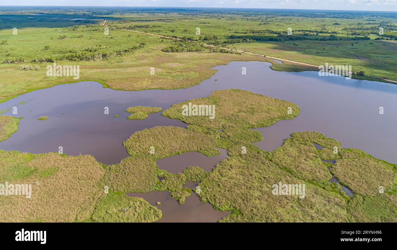 Aerial view of typical Pantanal landscape with lagoons, rivers, meadows ...