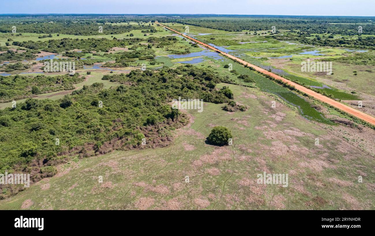 Aerial view of Transpantaneira crossing typical landscape of Pantanal ...