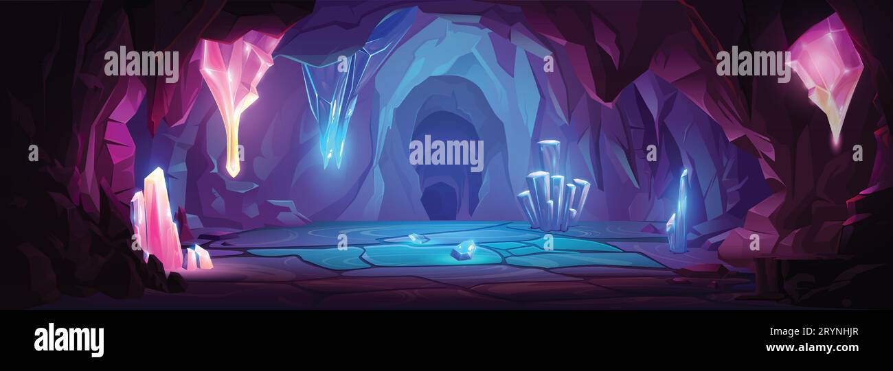 Treasure cave with blue crystals on walls. Vector cartoon illustration ...