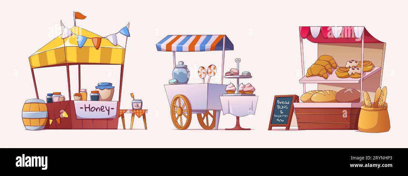 Street food market stalls with honey and bee products, fresh bakery ...