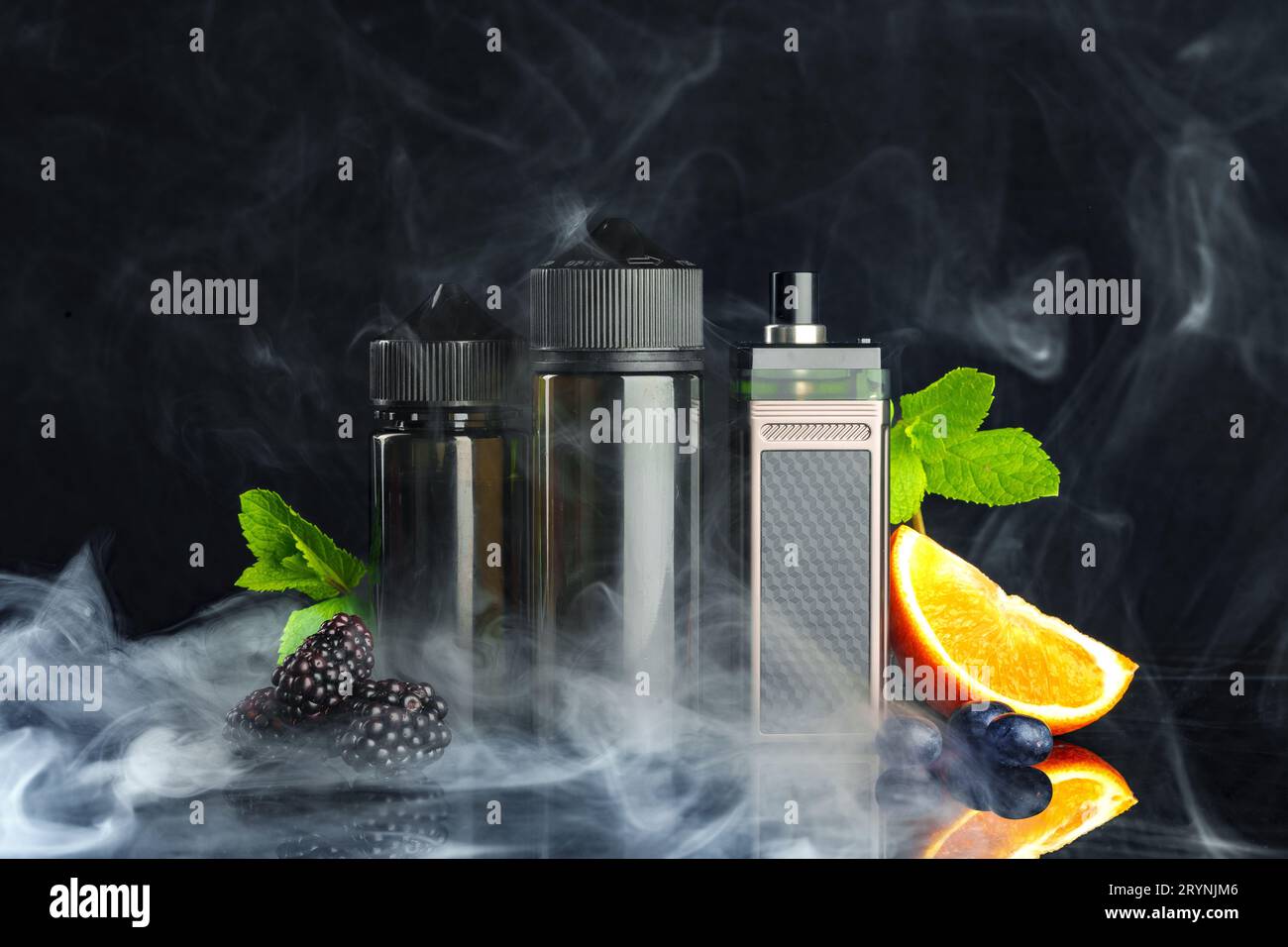 Vape and smoking liquid with fruit against black background with smoke ...