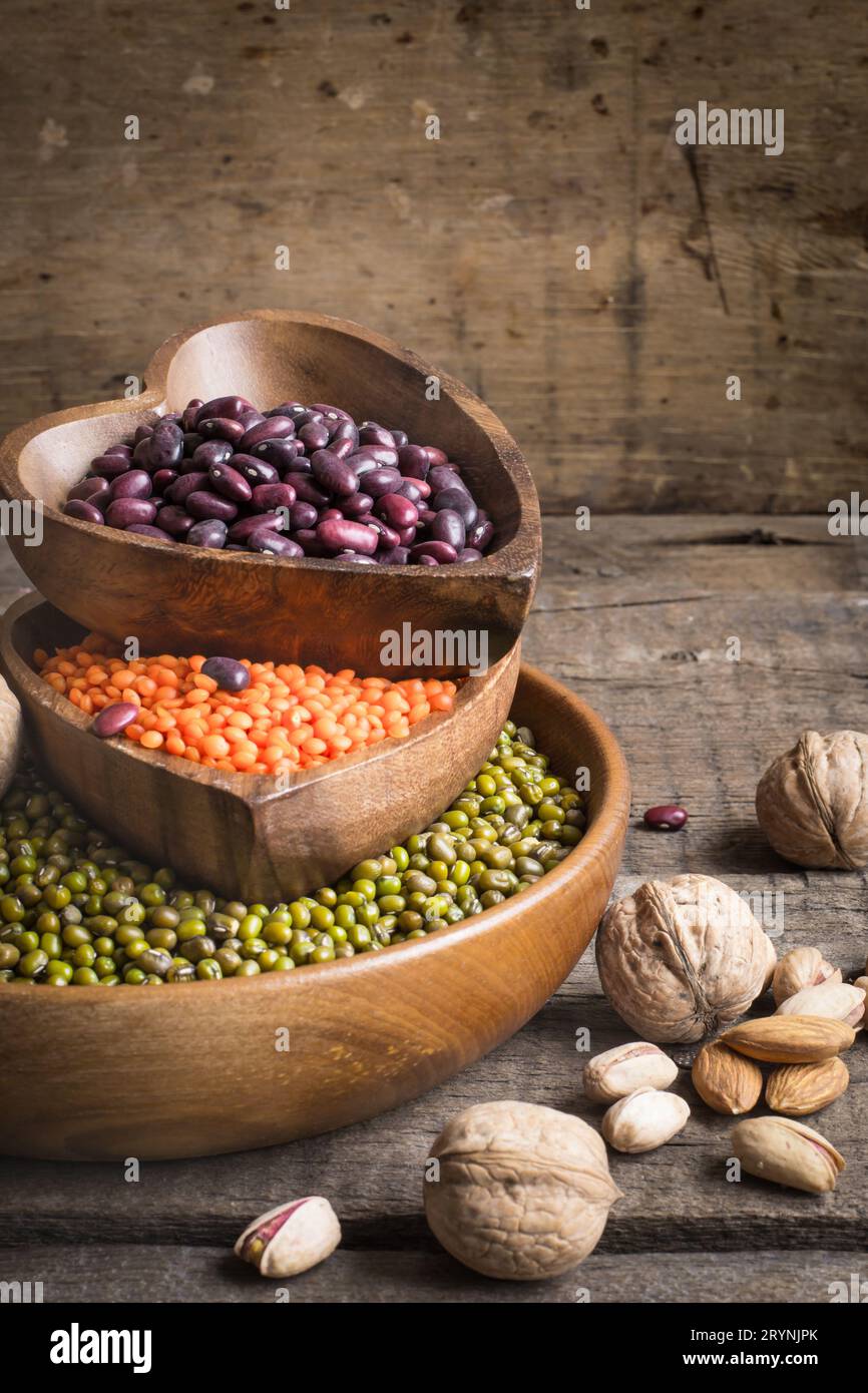 Sources of vegetable protein are various legumes and nuts Stock Photo ...