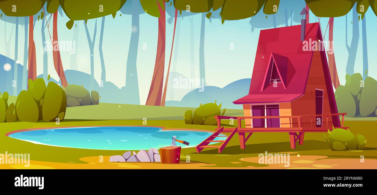 Hut on stilt near pond nature game vector background. Forest lake house ...