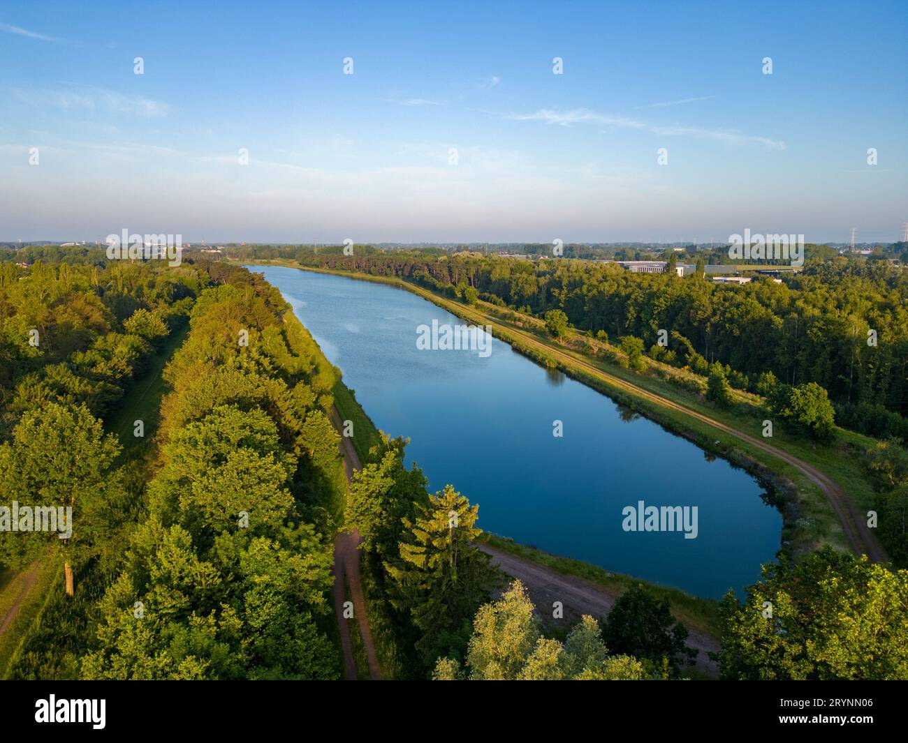 Aerial view of the river in summer with bright blue sky and clouds ...