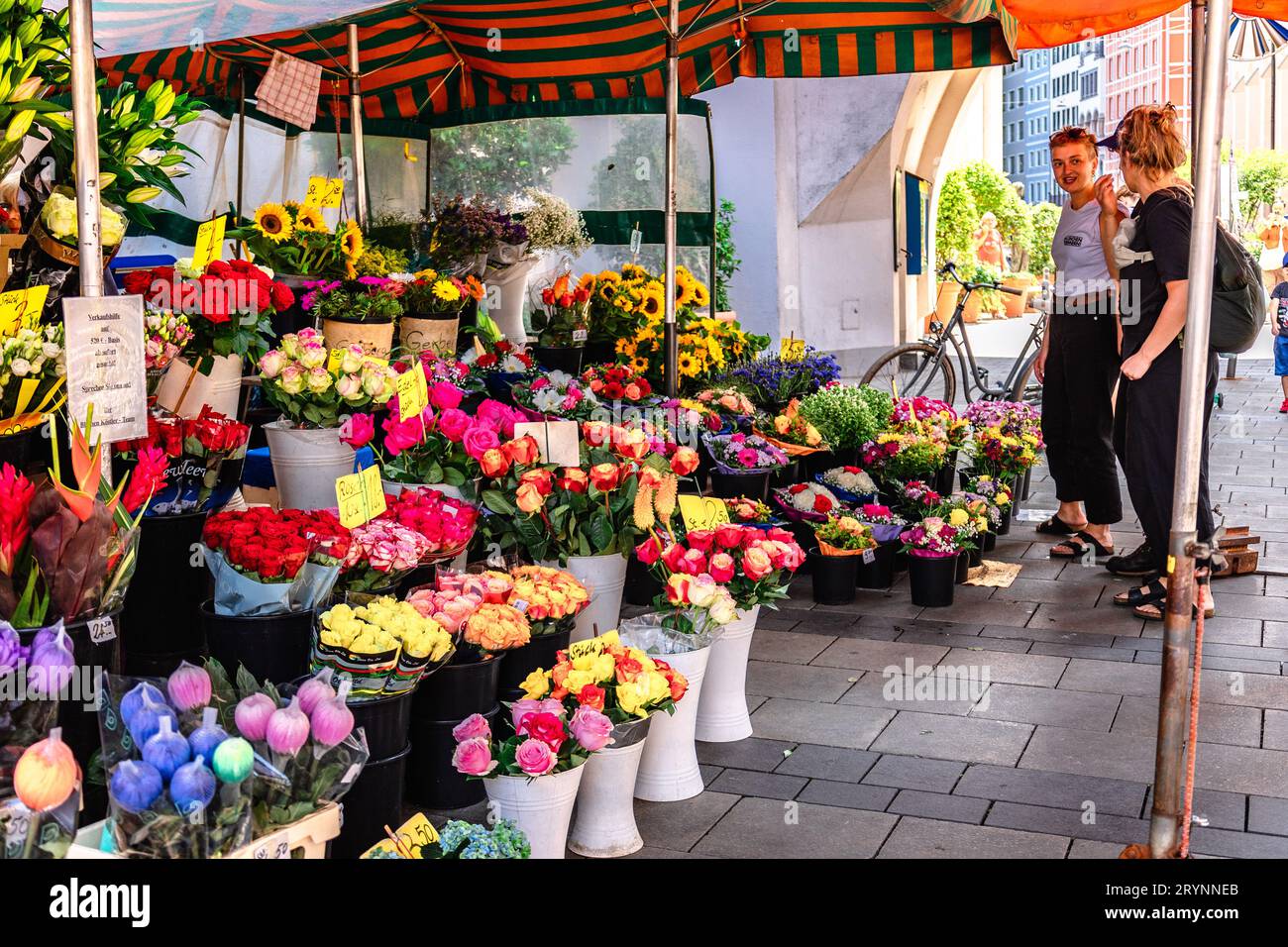 Munich, Germany - July 22, 2023: Selling colorful flowers and bouquets ...