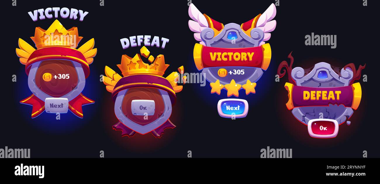 Victory and defeat game ui badges. Cartoon vector illustration set of win and lose interface ...