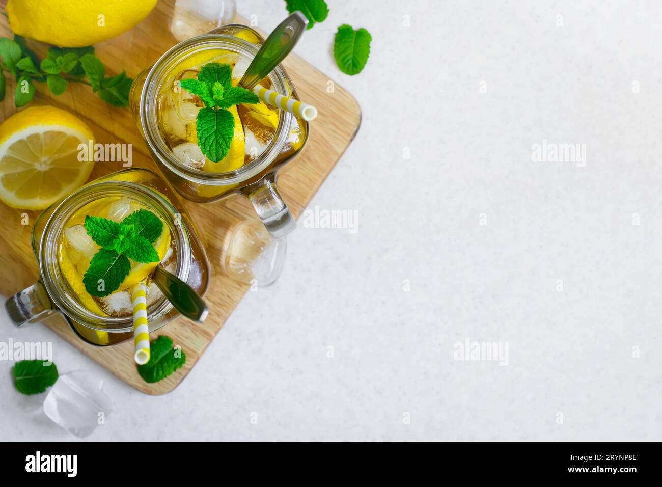 Green ice tea with lemon and mint in a glass jar. Top view with Stock ...