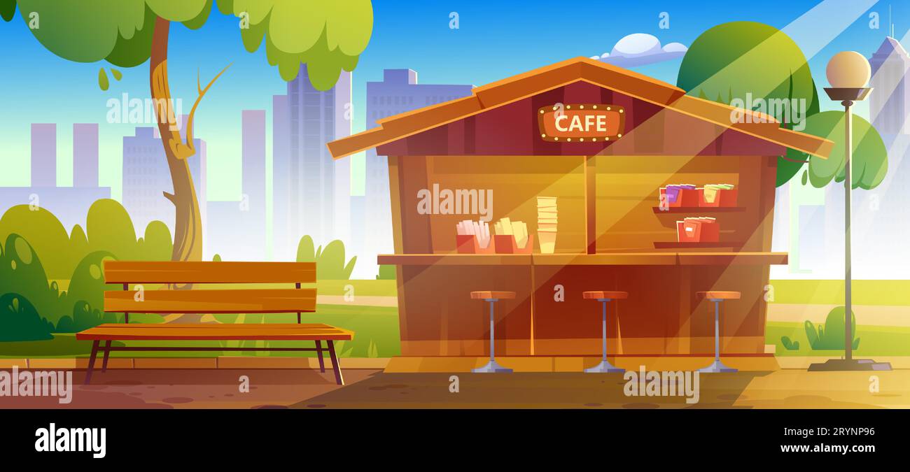 Fast food cafe in city public park. Cartoon vector landscape of garden ...