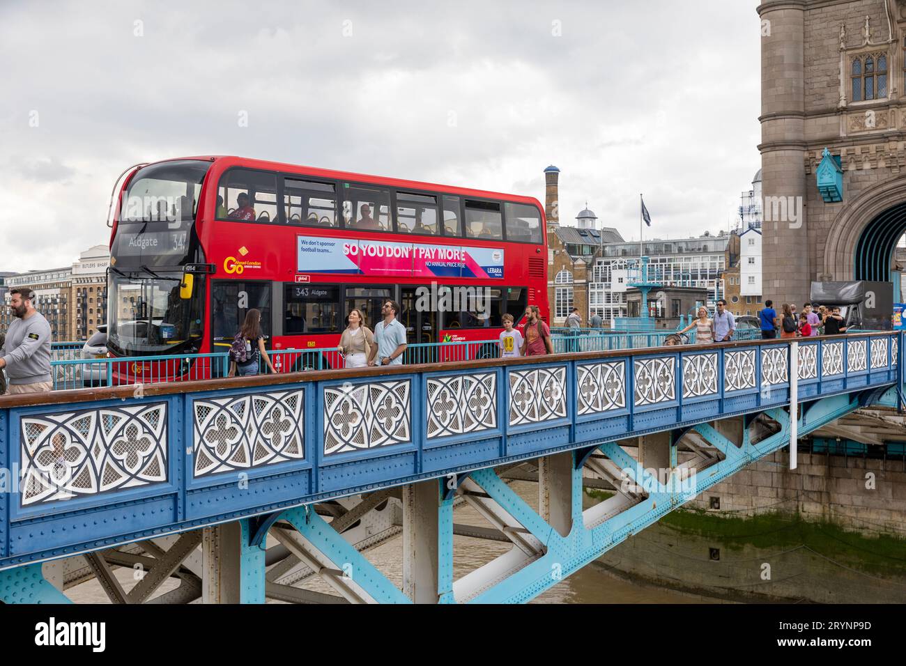 Red double decker bus crosses Tower Bridge London, September 2023 ...