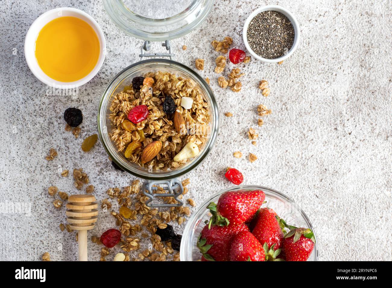 Granola with dry fruits, nuts and honey. Healthy breakfast set Stock ...