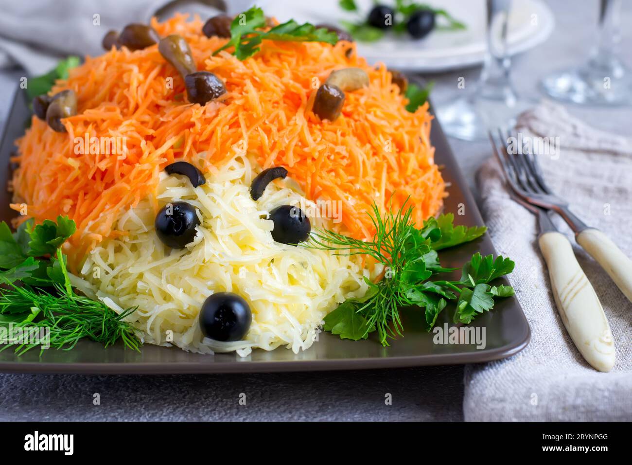 Colorful salad is decorated in the form of a hedgehog. idea for Stock ...
