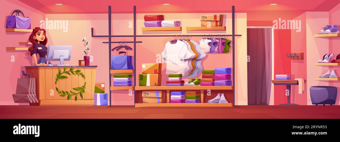 Female seller at cashdesk in fashion shop. Vector cartoon illustration ...