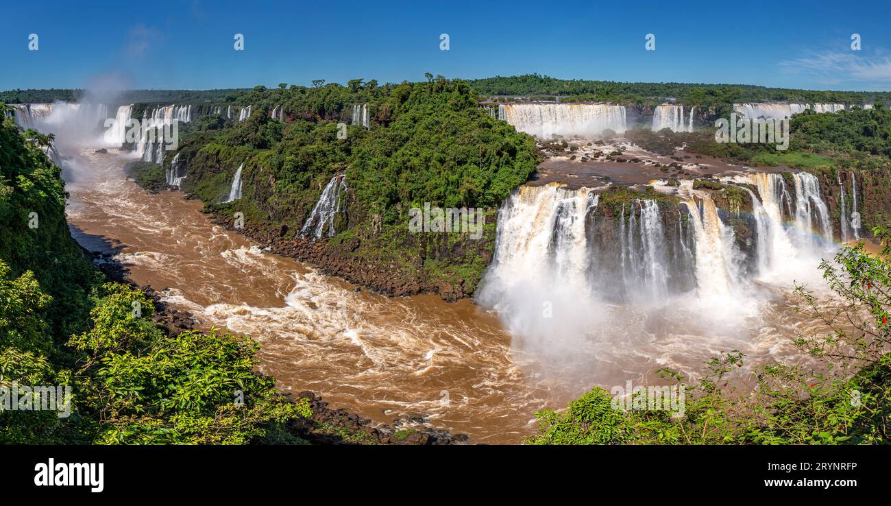 Panoramic view of Iguazu Falls gorge with brown river, white cascading ...