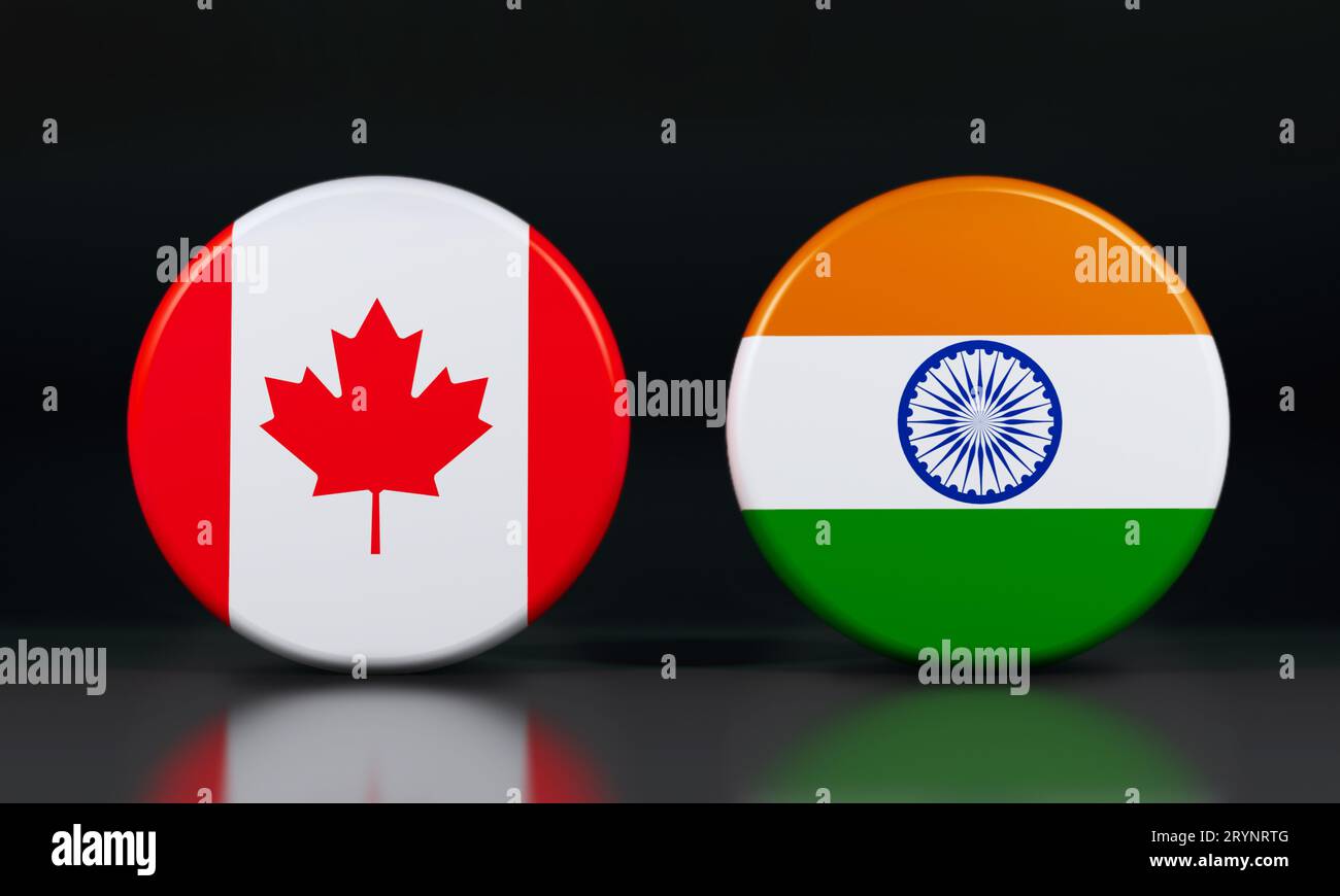 India and Canada Flags beside each other showing competition. Black ...