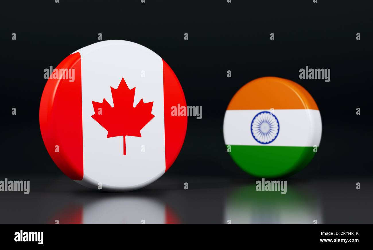 India and Canada Flags beside each other showing competition. Black ...