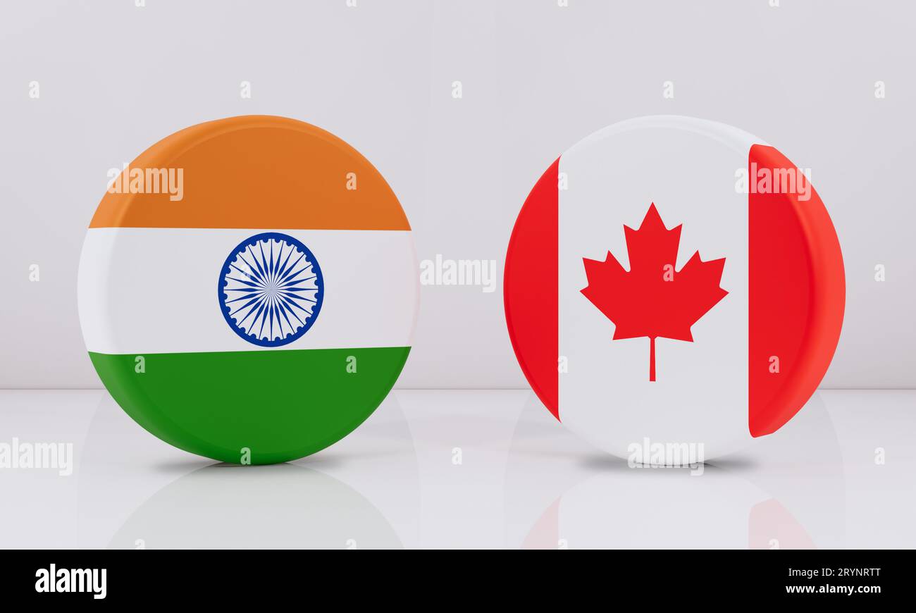 India and Canada Flags beside each other showing competition. White ...