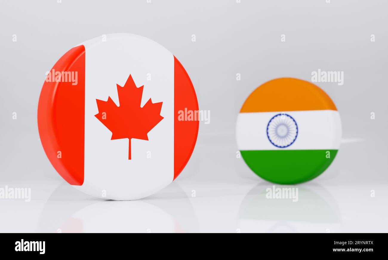 India and Canada Flags beside each other showing competition. White ...
