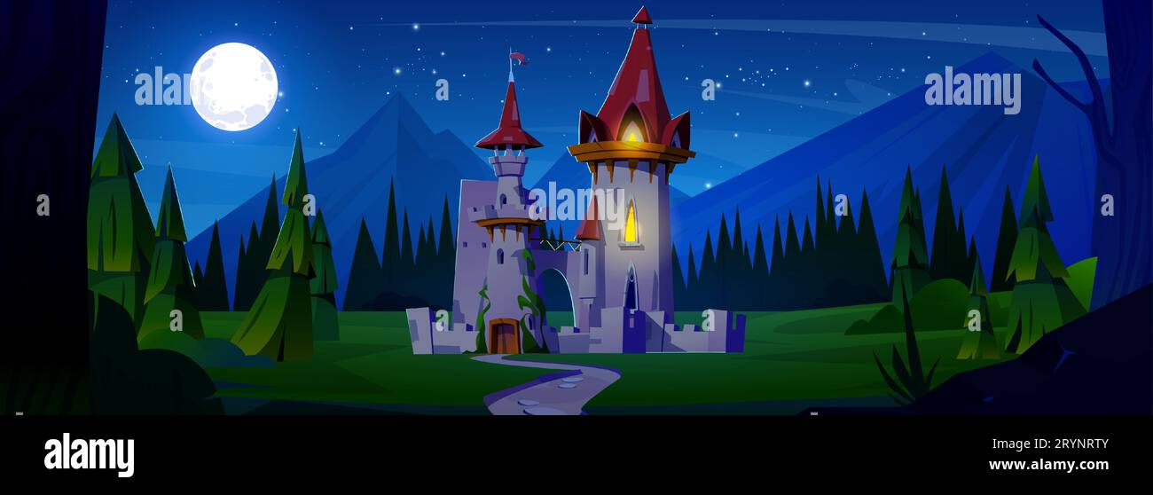 Night medieval castle against mountain landscape. Vector cartoon ...